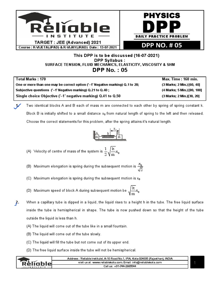 DPP 5: JEE Physics Practice Problems | PDF | Pressure | Liquids