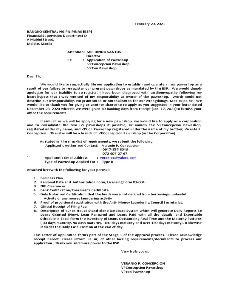 FINAL Letter of Application-Bsp 2 (Edited) | PDF | Pawnbroker ...