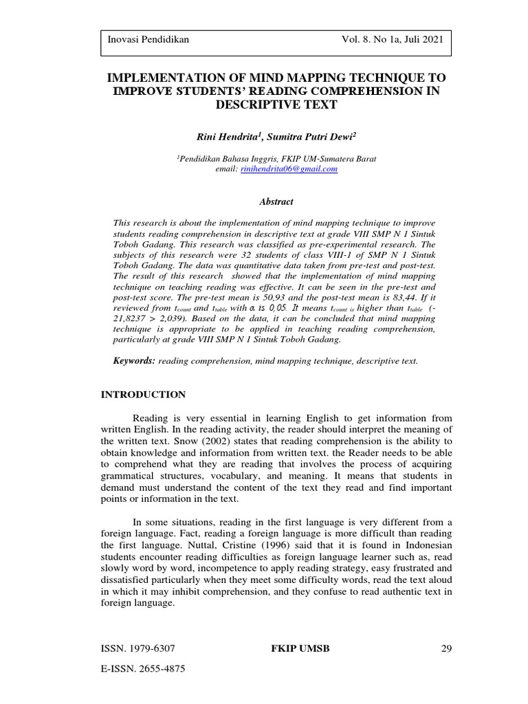 Implementation of Mind Mapping Technique To Improve Students' Reading Comprehension in ...