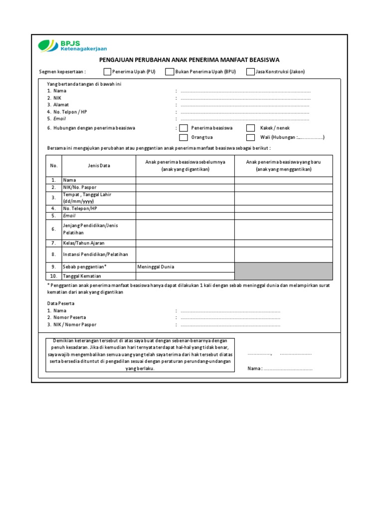 Form Perubahan Beasiswa BPJS Ketenagakerjaan | PDF