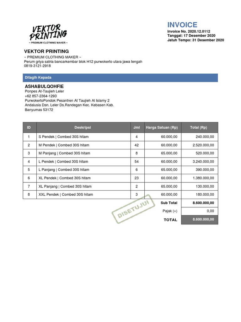 Invoice for Ponpes At-Taujieh Clothing | PDF