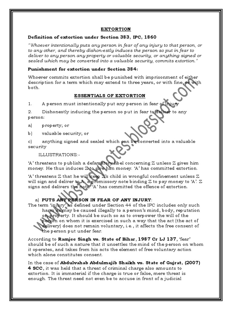 Extortion Definition of Extortion Under Section 383, IPC, 1860 | PDF ...