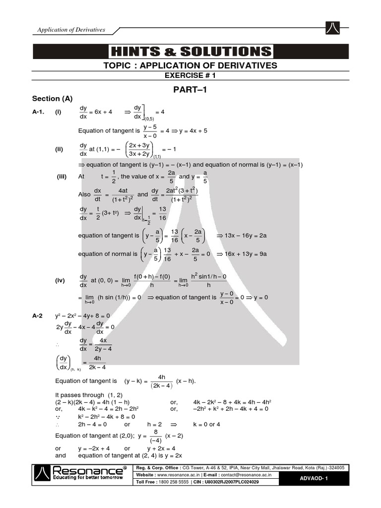 Application of Derivatives Exercise Solution | PDF | Slope | Tangent