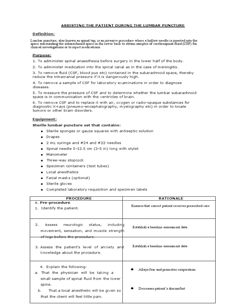 Nursing Guide for Lumbar Puncture | PDF | Cerebrospinal Fluid ...