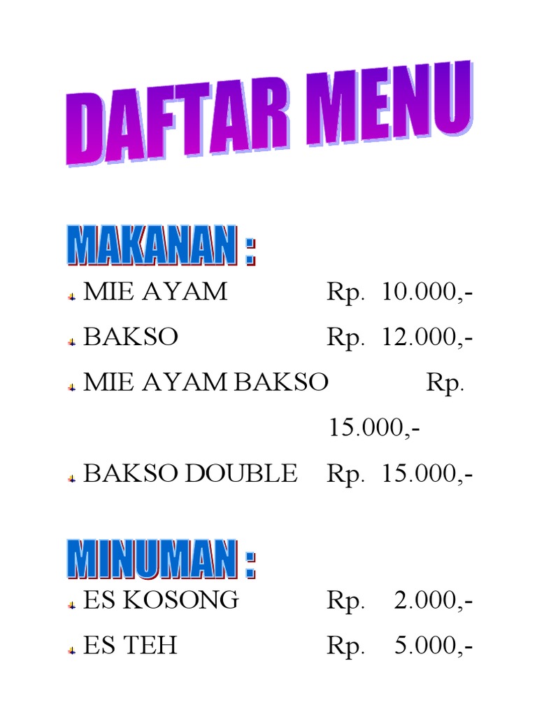 Daftar Menu - Bakso Mie Ayam | PDF