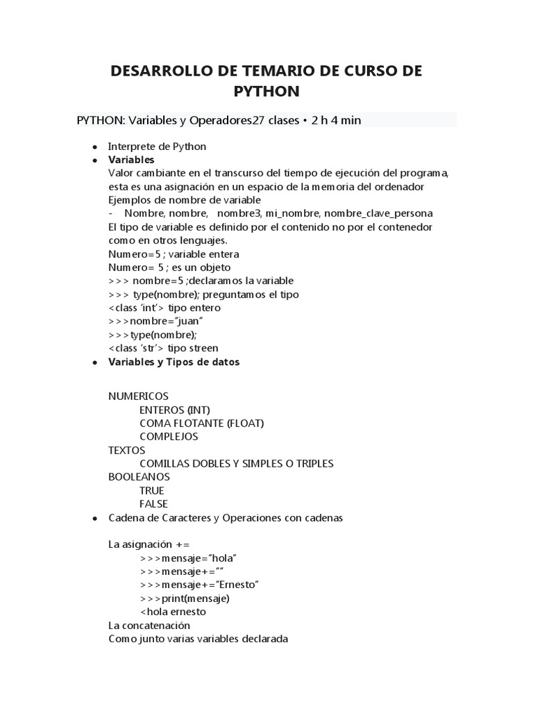 Curso Completo de Python: Variables y Operadores | PDF | Python (lenguaje de programación ...