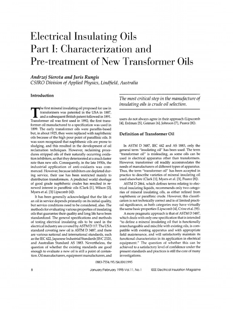 Oils I:: Electrical Insulating Characterization and Pre-Treatment of ...