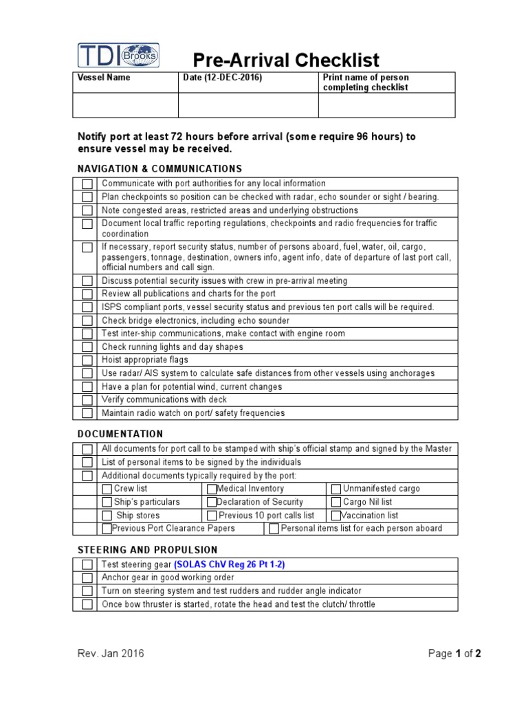 Pre Arrival Checklist Rev Jan2016 | PDF | Ships | Water Transport