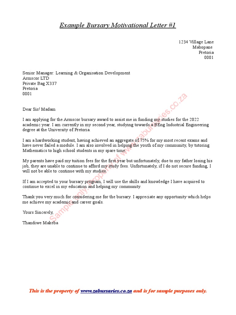 Example Bursary Motivational Letter 1 | PDF