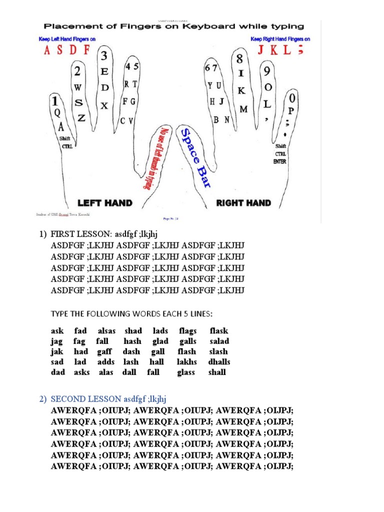 Typing Practice Lessons with Word and Number Exercises | PDF