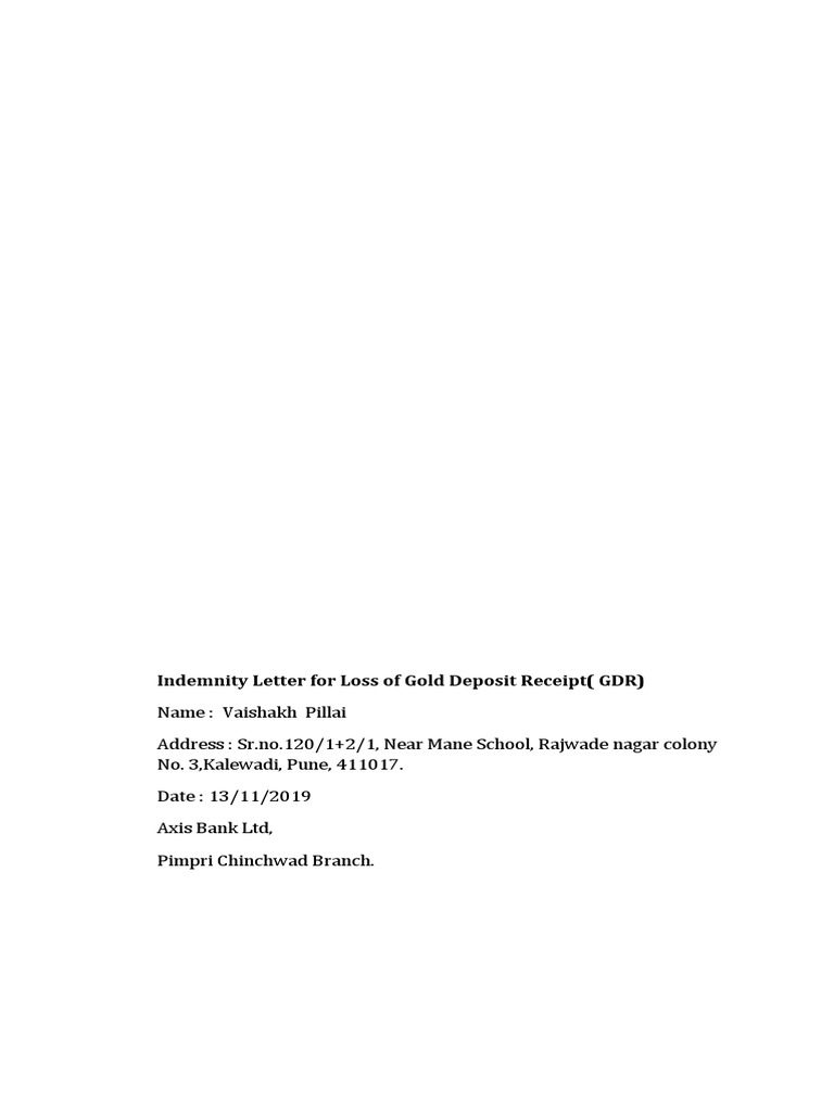 Indemnity Letter For Loss of Gold Deposit Receipt (GDR) | PDF