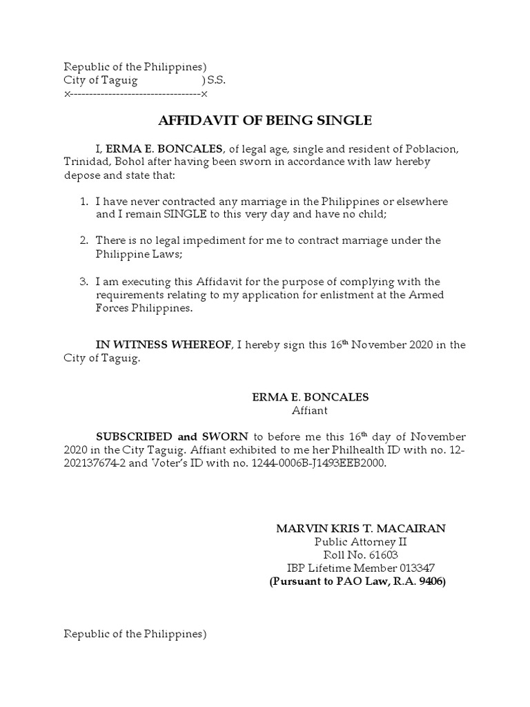 Affidavit of Being Single | PDF | Affidavit | Evidence