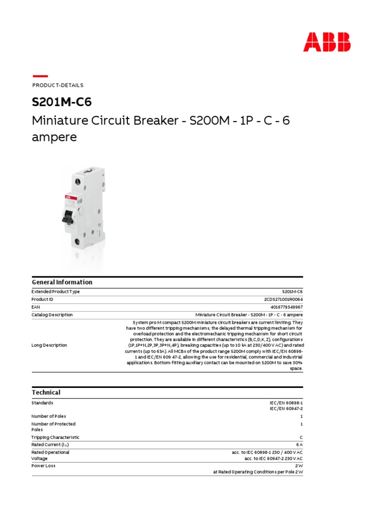 Miniature Circuit Breaker - S200M - 1P - C - 6 Ampere: Product-Details ...
