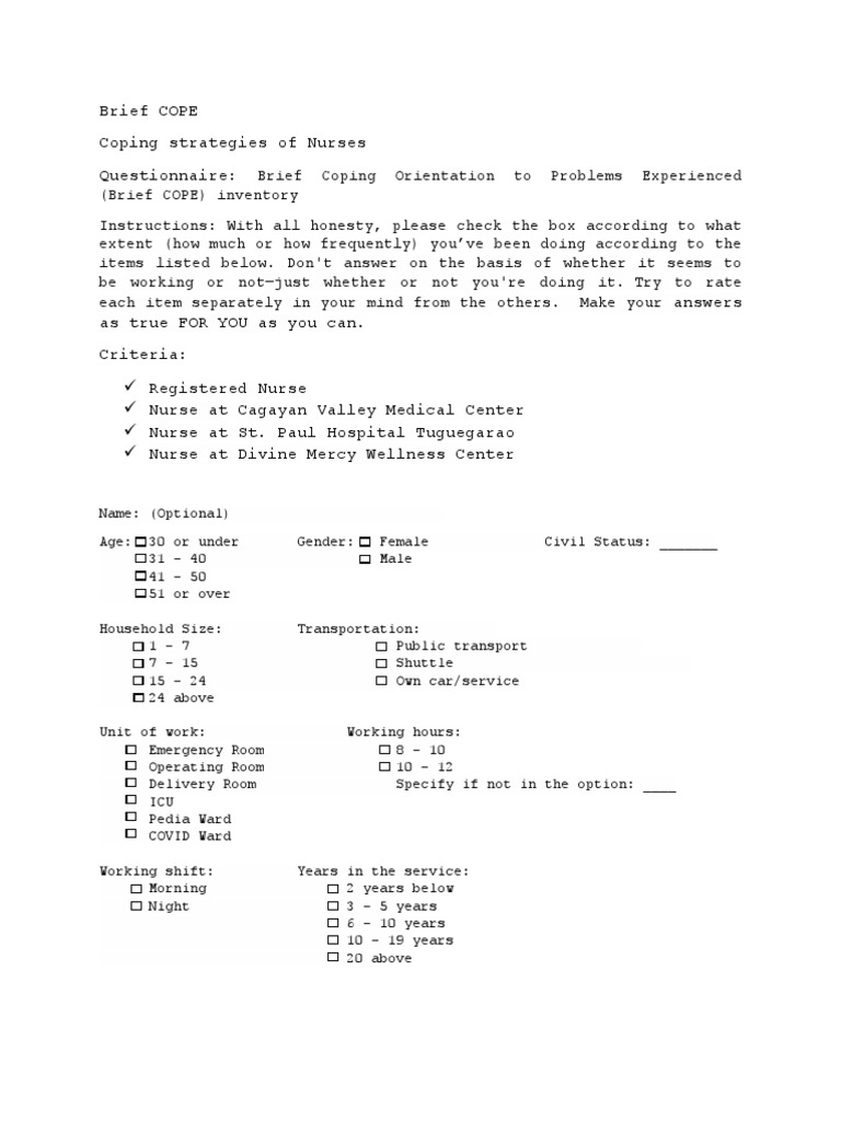 Brief COPE Coping Strategies of Nurses Questionnaire | PDF ...