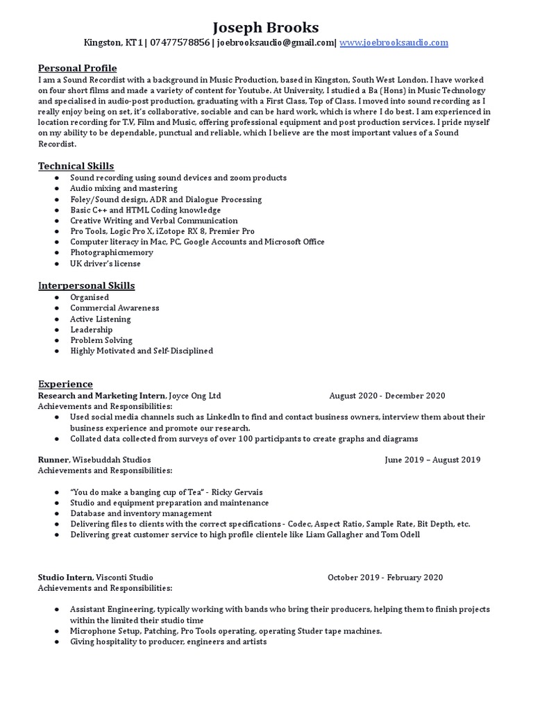 Joseph Brooks - CV Sound Recordist 19 - 07 | PDF | Sound Recording And Reproduction | Science