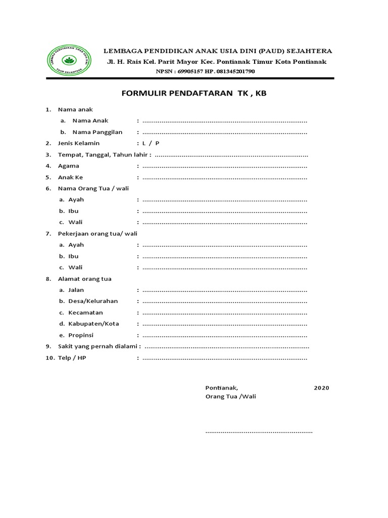Formulir Pendaftaran Paud | PDF