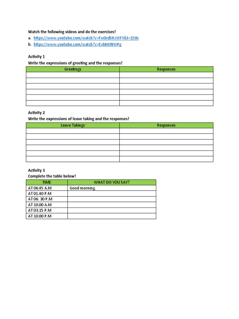 Greetings and Leave Takings Exercises | PDF