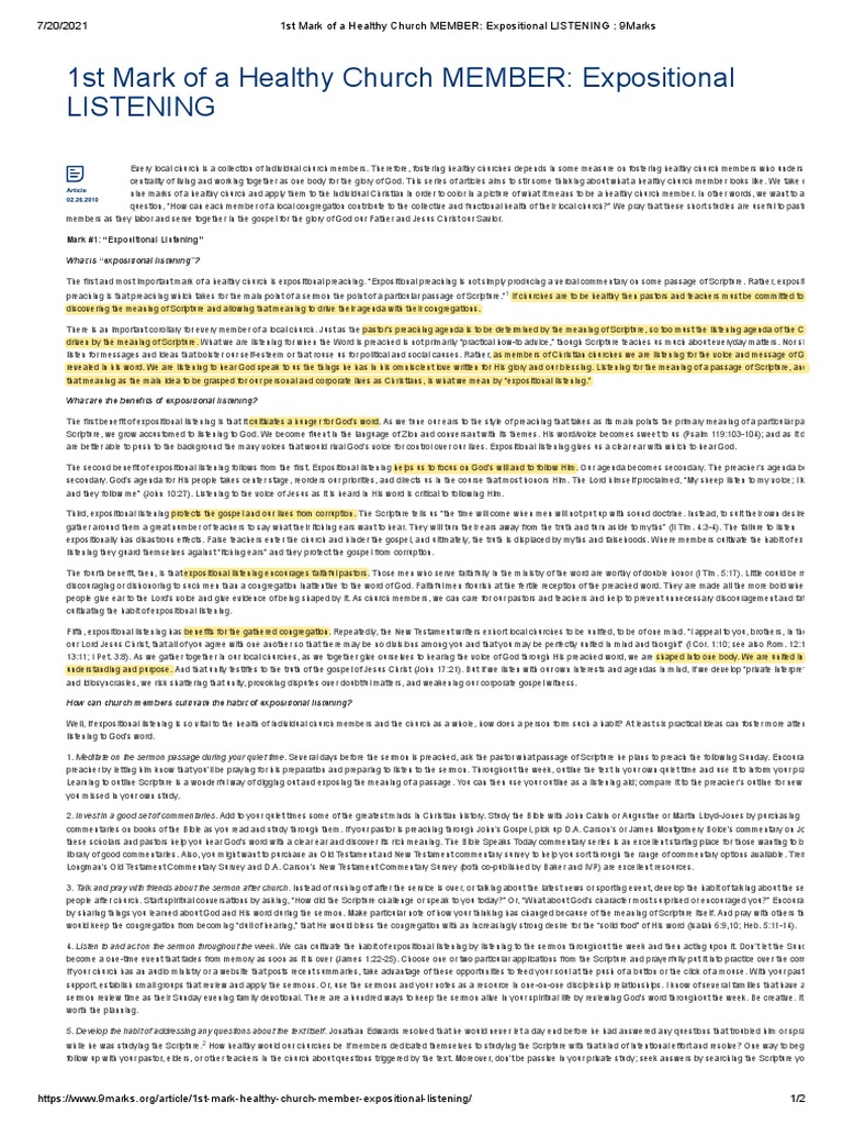 1st Mark of A Healthy Church MEMBER - Expositional LISTENING - 9marks | PDF | Sermon | Gospel Of ...