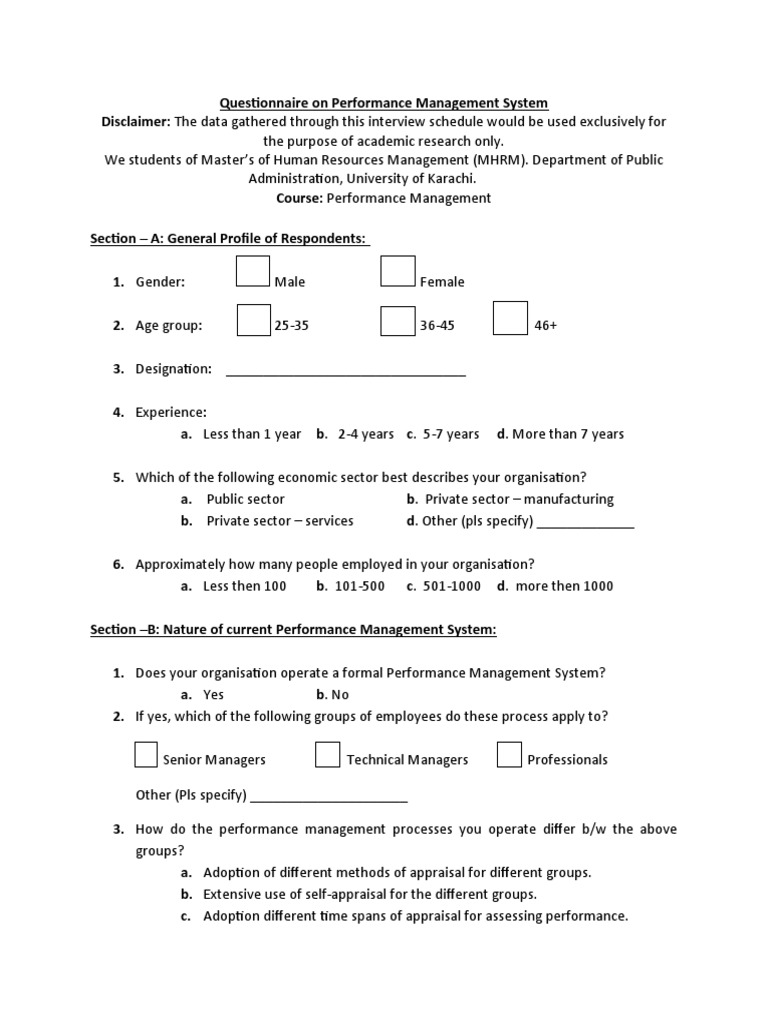 Performance Management Questionnaire | PDF | Performance Appraisal ...
