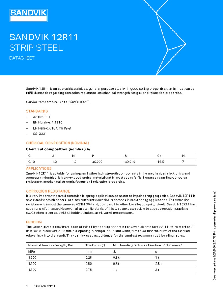 Sandvik 12R11 Strip Steel Datasheet | PDF | Strength Of Materials ...