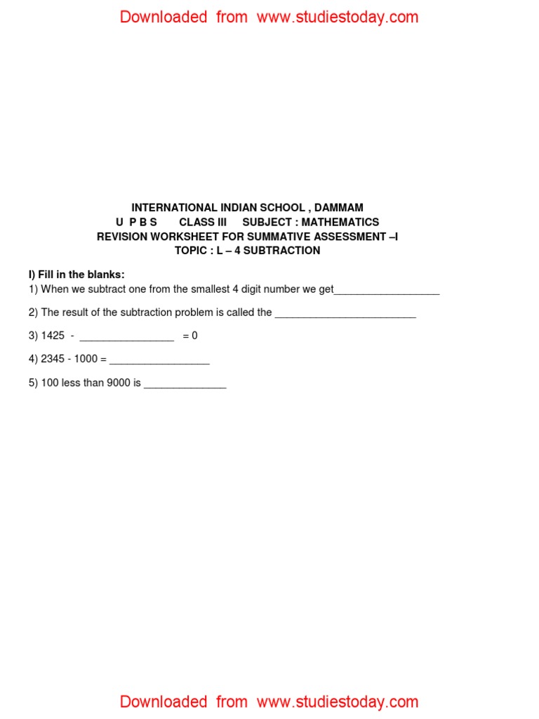 CBSE Class 3 Mathematics Worksheet (10) - Subtraction | PDF | Numbers ...