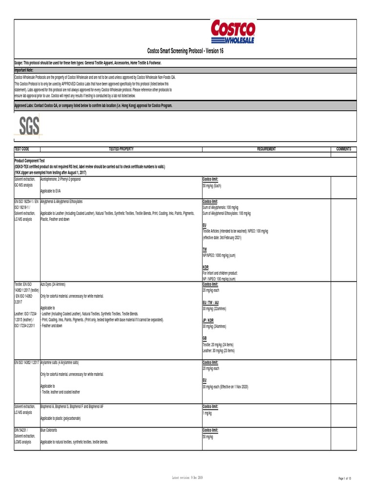 Apparel and Home Textiles-Costco Smart Screening Protocol V16-Approved ...