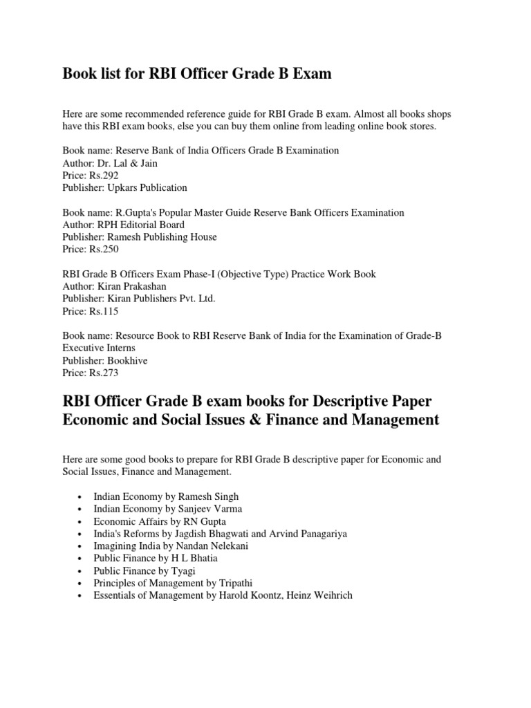RBI Grade B Exam Book Recommendations | PDF