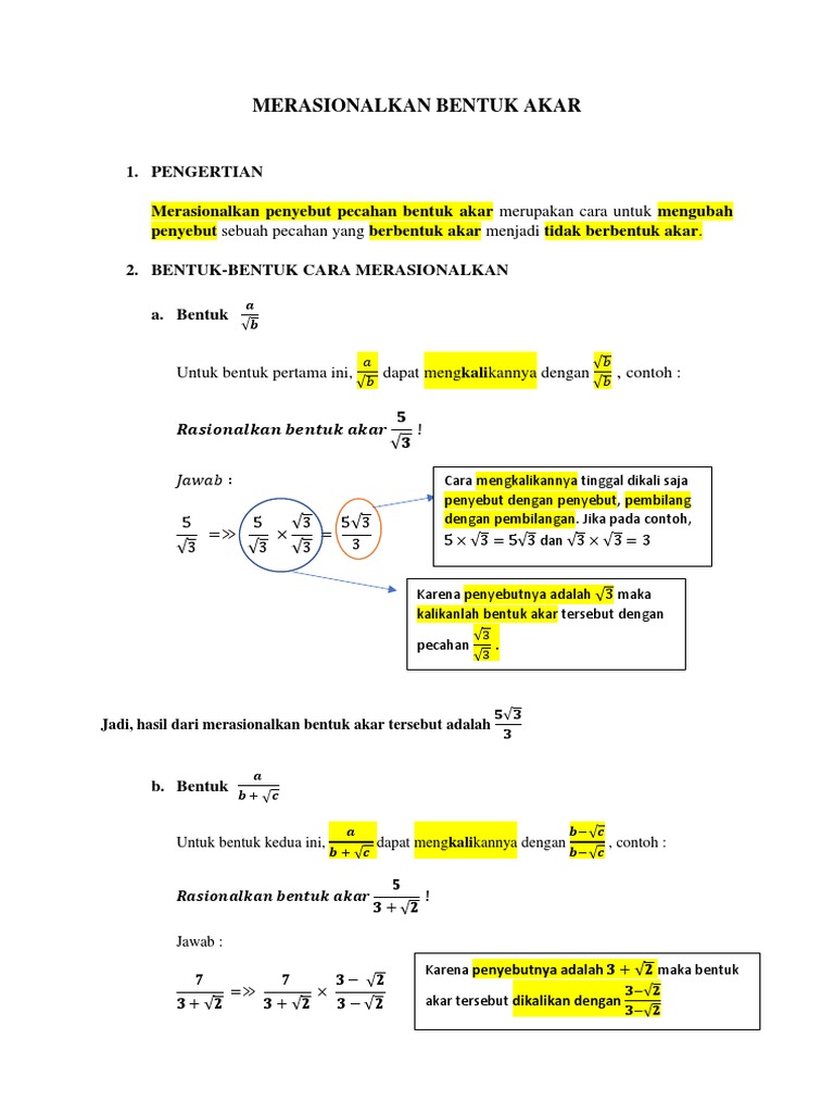 Materi Kelas Ix Matematika Merasionalkan Bentuk Akar | PDF