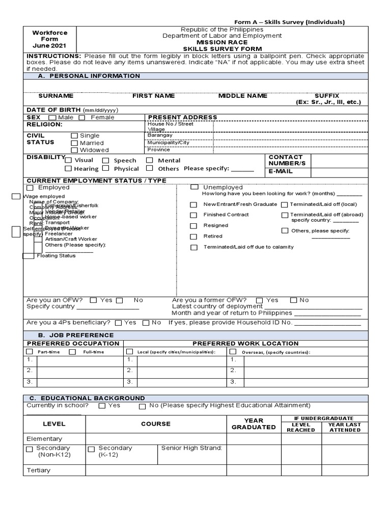 Skills Survey Form for Employment | PDF | Employment | Labor