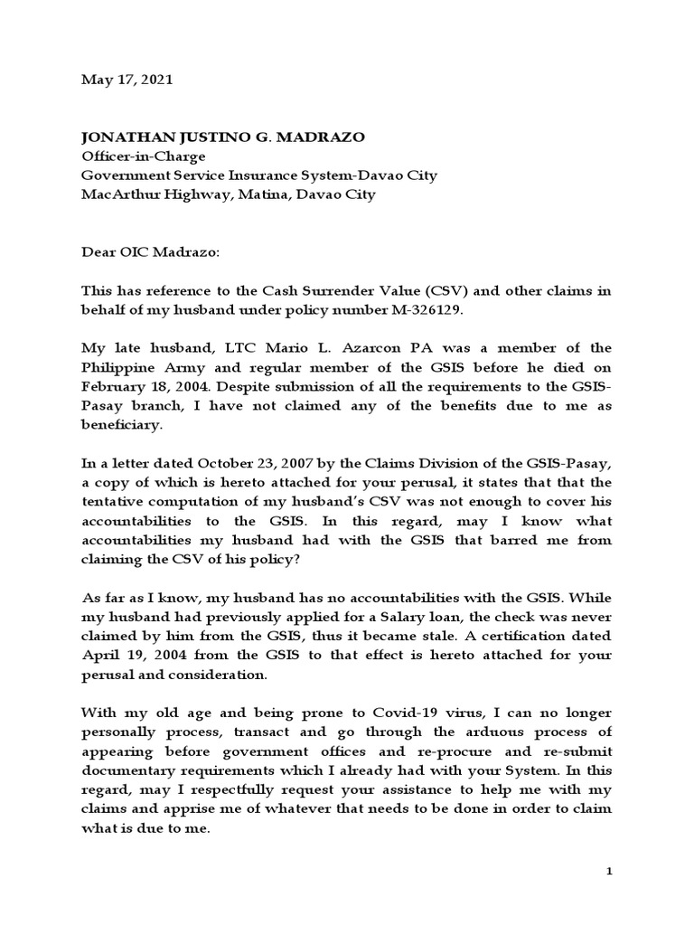 Letter To GSIS | PDF