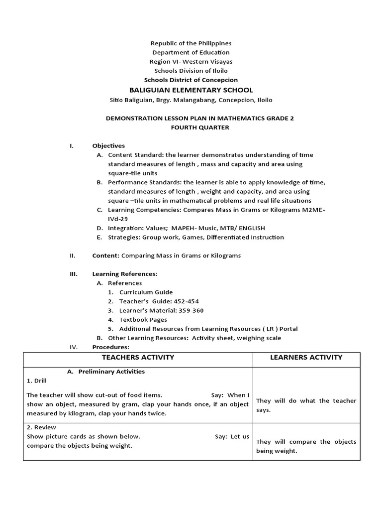 Detailed LP - Cot Math 2 | PDF | Kilogram | Differentiated Instruction