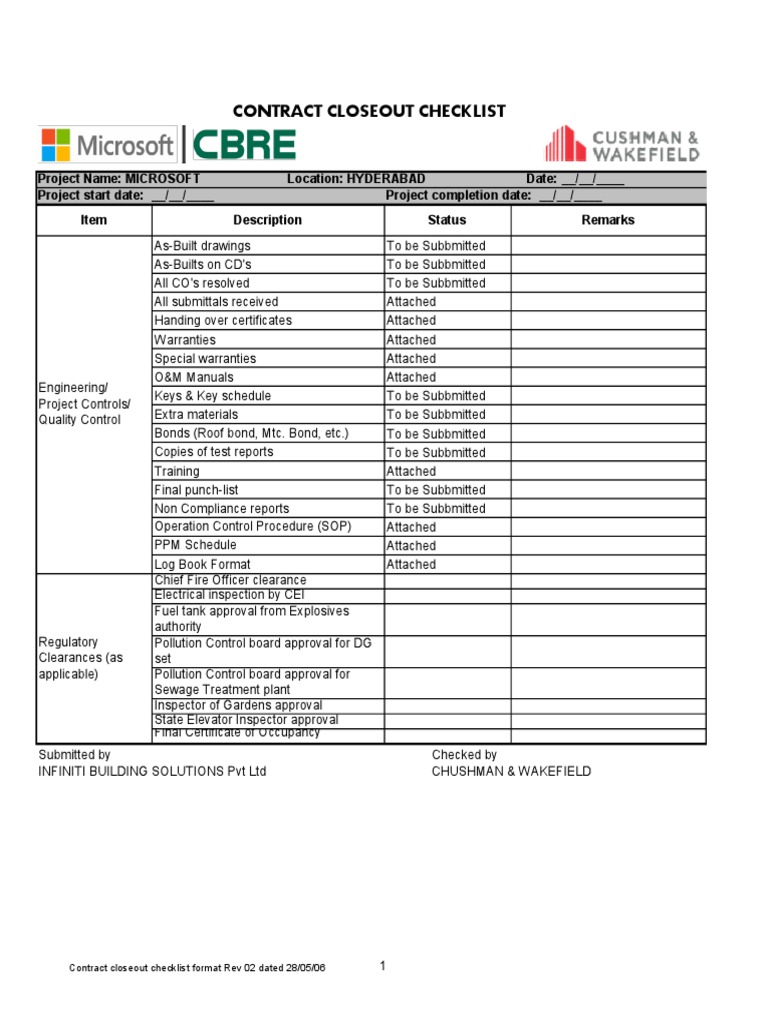 Contract Closeout Checklist Format Rev 02 Dated 28/05/06 | PDF | Nature ...