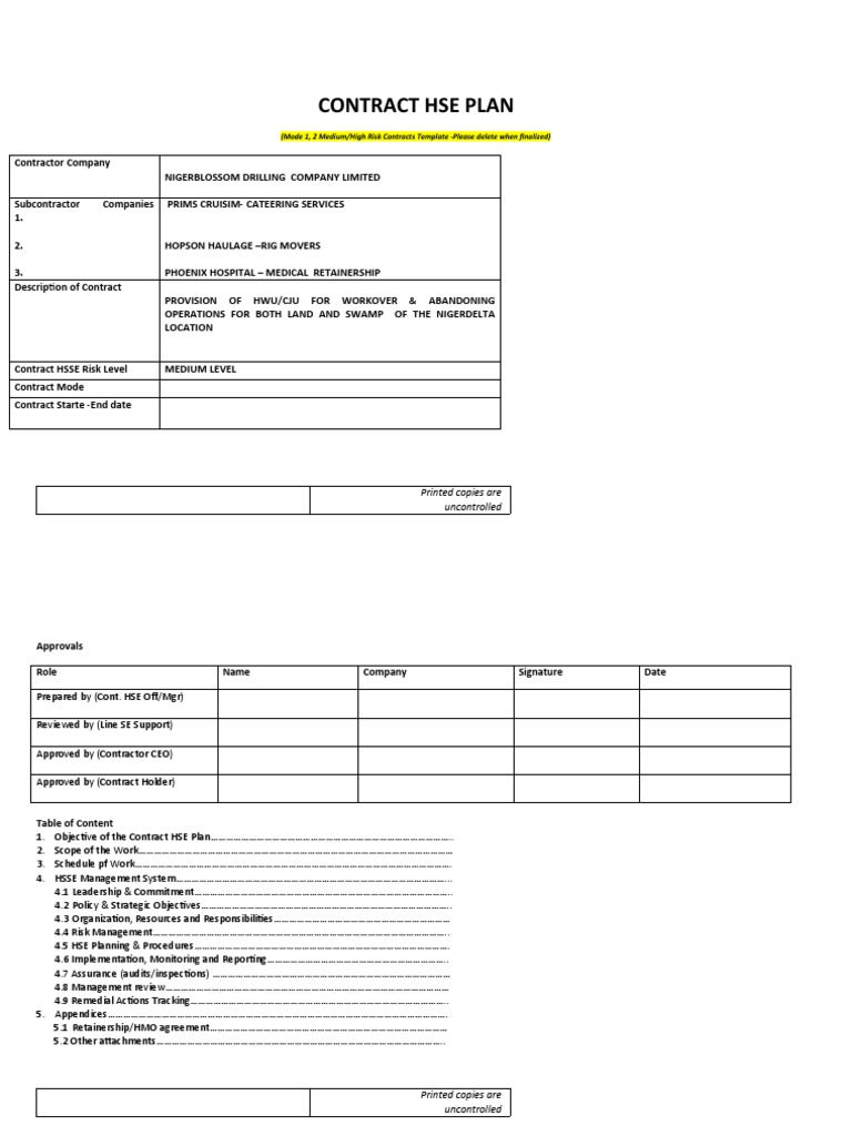 Hor S Contract HSE Plan Template | PDF | Occupational Safety And Health ...