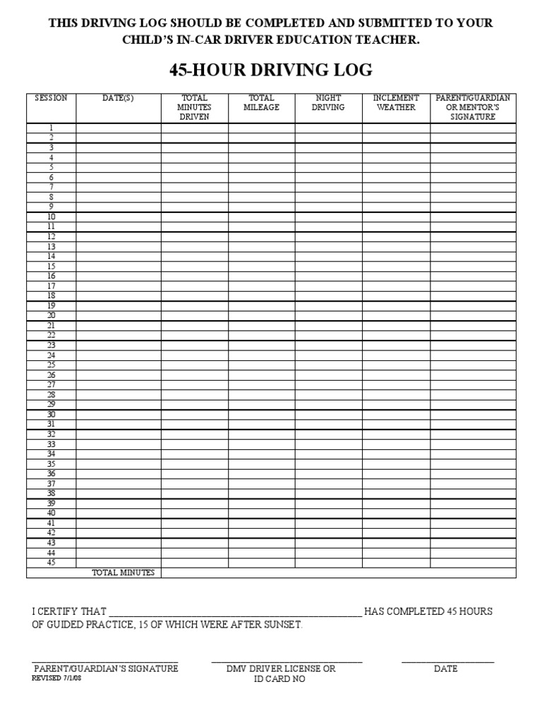 Virginia 45-Hour Driving Log Template | PDF