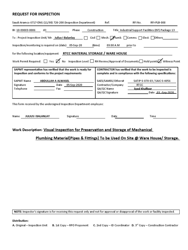 RTCC Inspection Request for ISF Package 13 | PDF