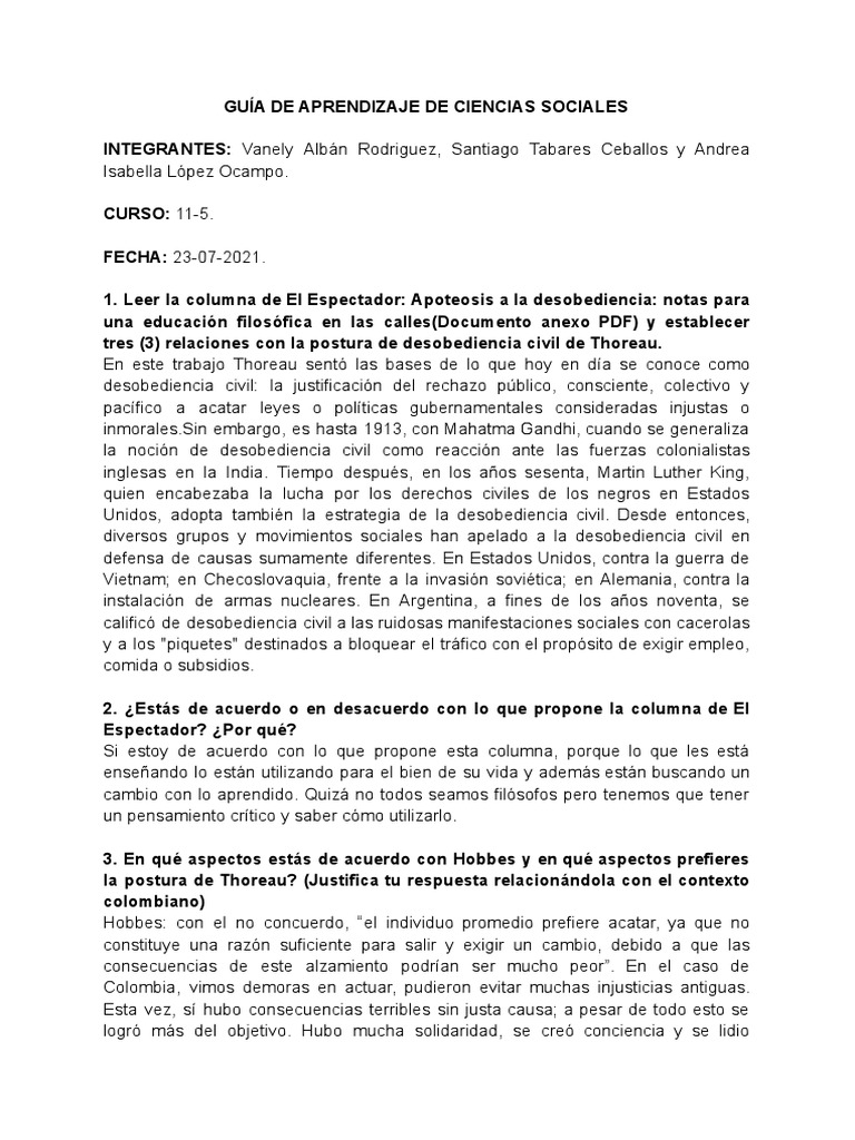 Guía de Aprendizaje de Ciencias Sociales | PDF | Desobediencia civil ...