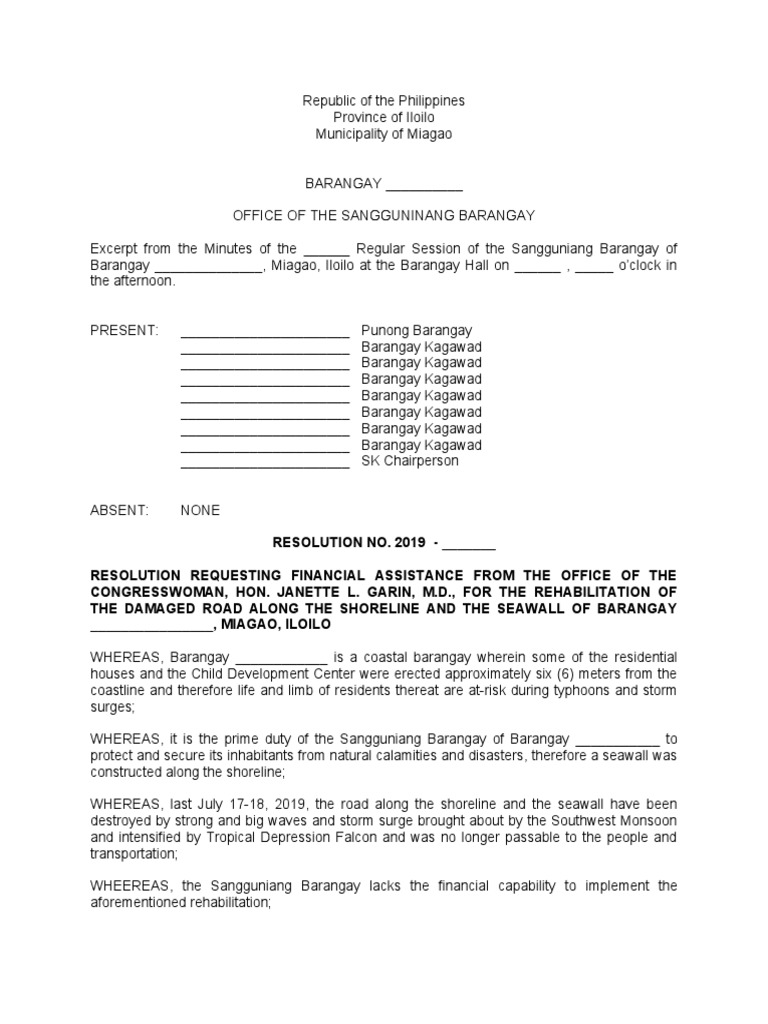 Resolution Requesting Financial Assistance | PDF | Atmospheric ...