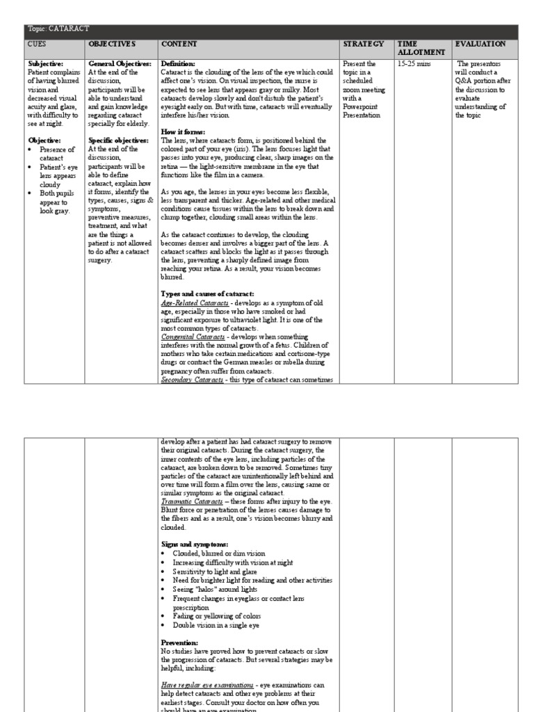 Cataracts Teaching Plan | PDF | Cataract | Eye