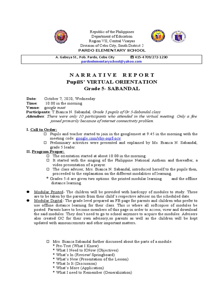 Gr.5 Narrative ReportPupils Orientation | PDF | Further Education