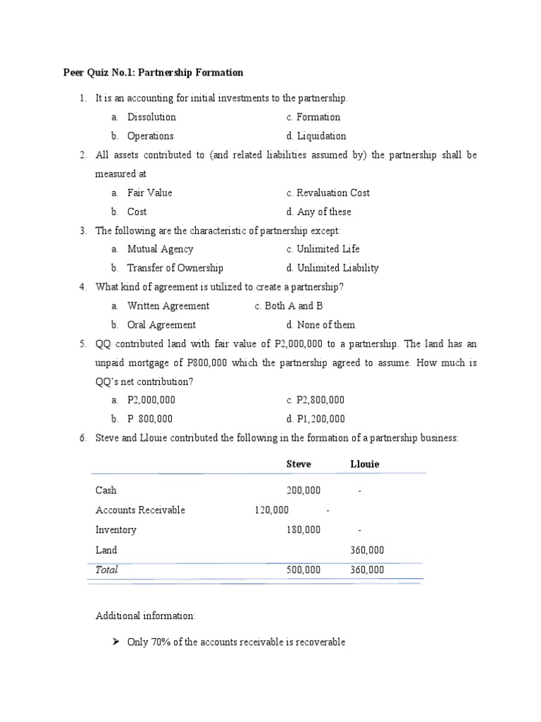 Peer Quiz No.1: Partnership Formation: Total | PDF | Partnership | Fair ...