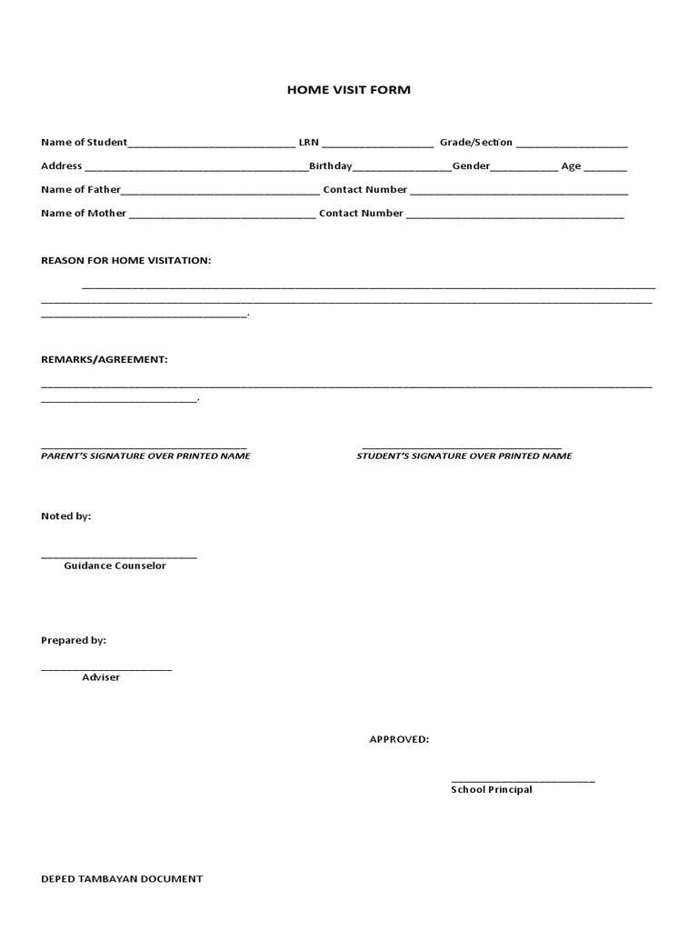 Home Visit Form: Reason For Home Visitation | PDF