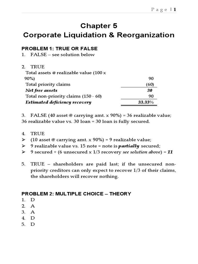 Corporate Liquidation & Reorganization: Problem 1: True or False | PDF ...