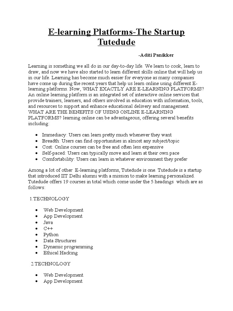 E-Learning Platforms-The Startup Tutedude: - Aditi Panikker | PDF | Educational Technology ...