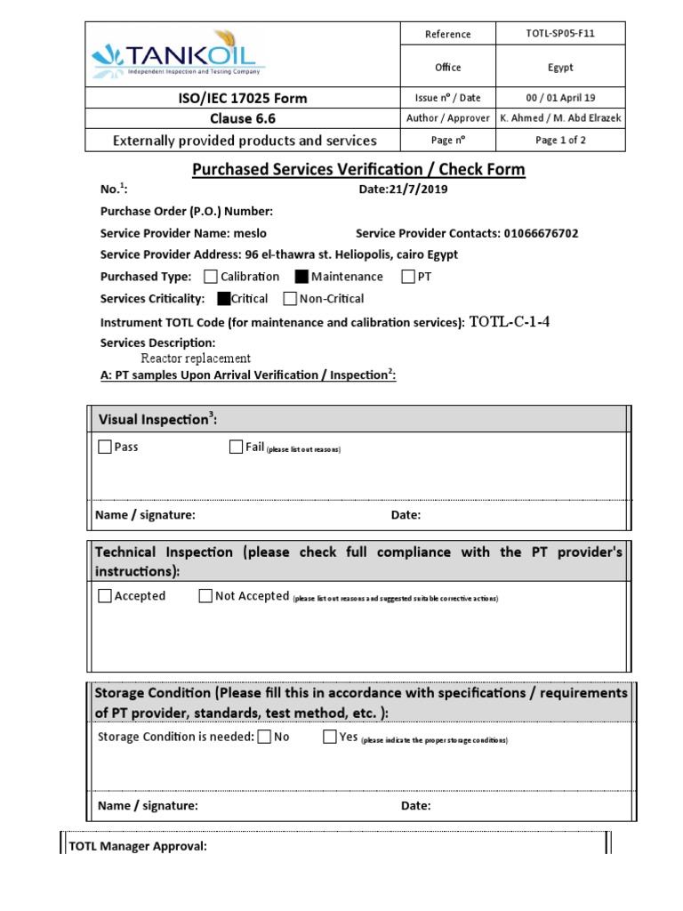 TOTL-SP05-F11 Purchased Services Check Form CHNS 2 | PDF | Verification And Validation ...