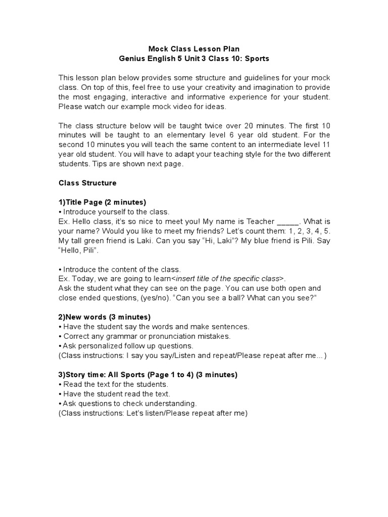 Mock Class Lesson Plan Genius English 5 Unit 3 Class 10: Sports | PDF ...