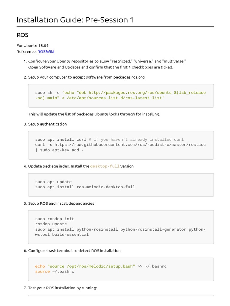 Installation Guide: Pre-Session 1: ROS Wiki | PDF