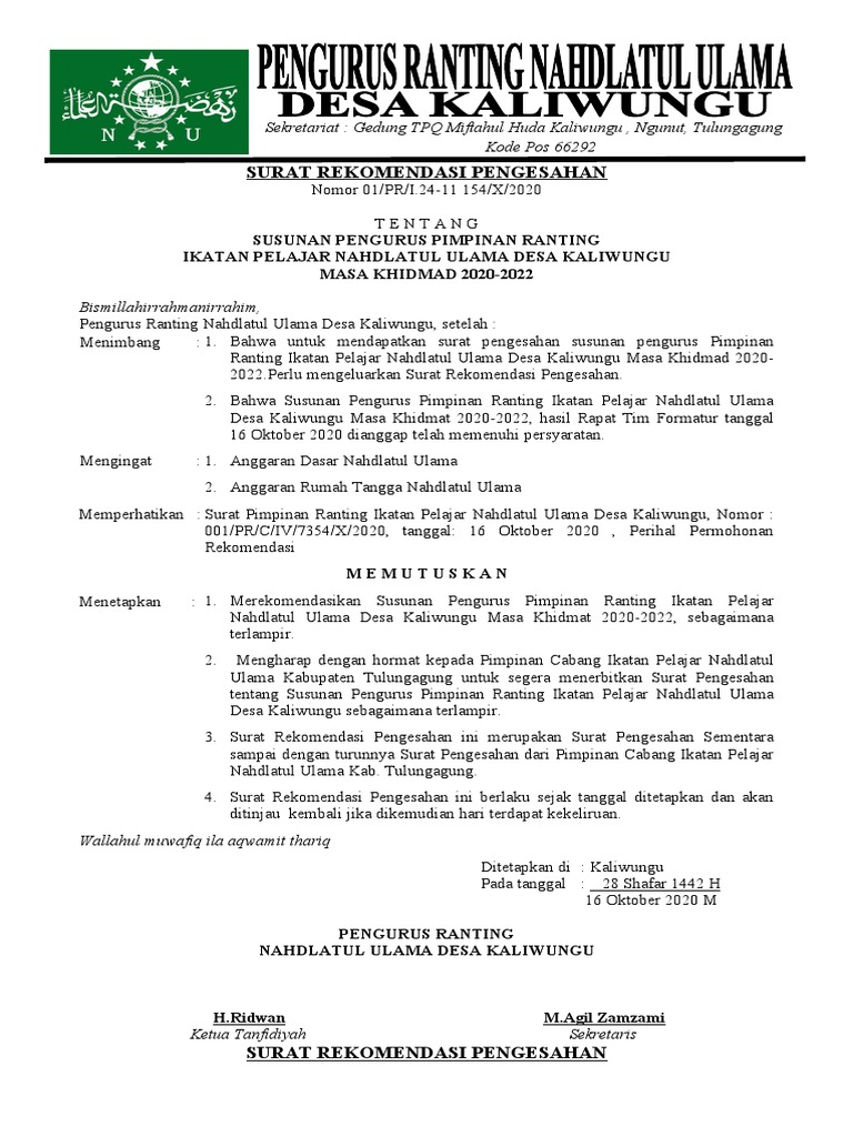 9.surat Rekom Nu Ranting (Ipnu-Ippnu) | PDF