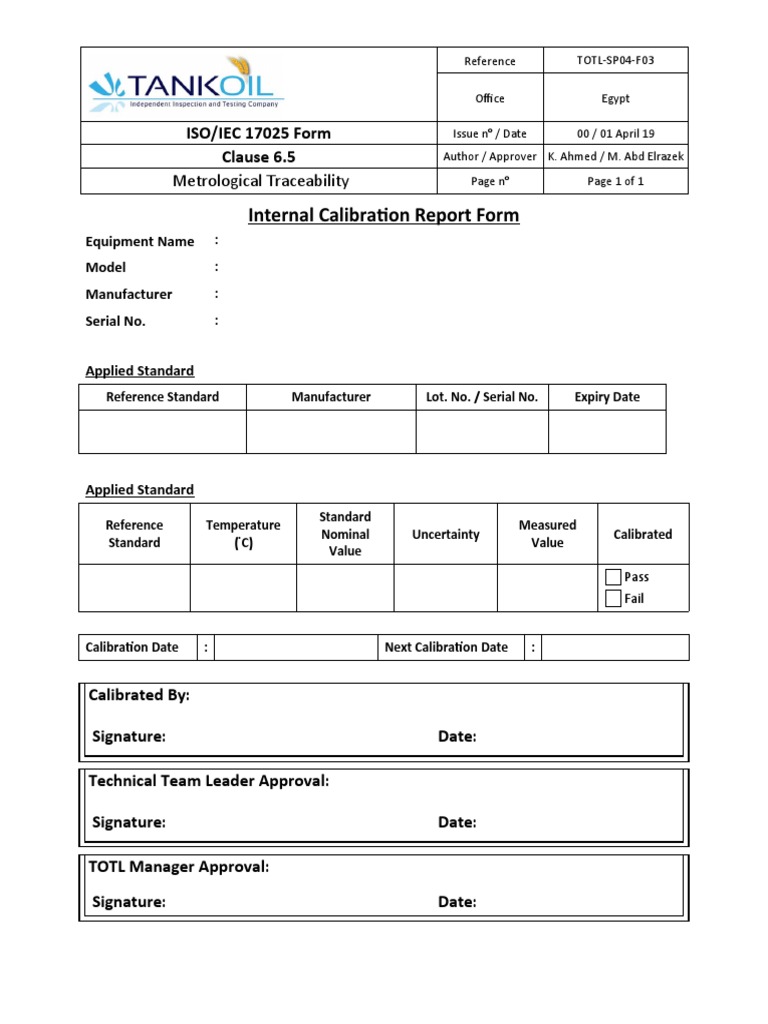 TOTL-SP04-F03 Internal Calibration Report Form | PDF