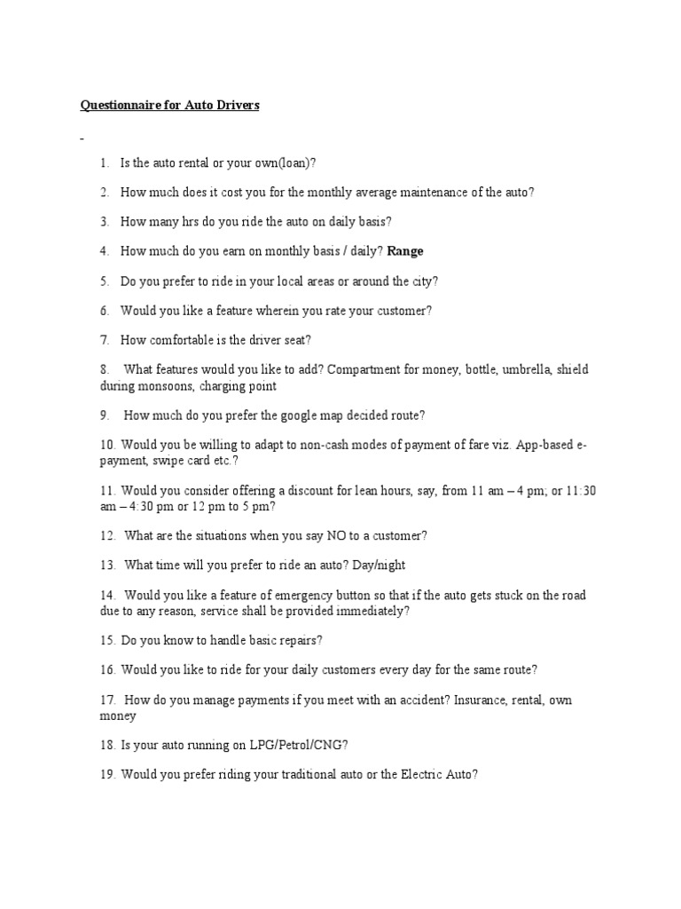 Auto Driver Questionnaire Insights | PDF