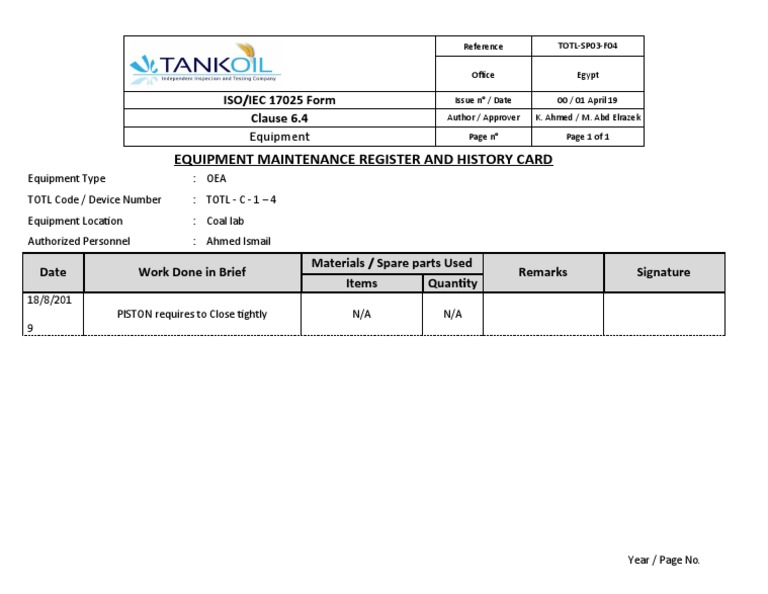 Equipment maintenance register template | PDF